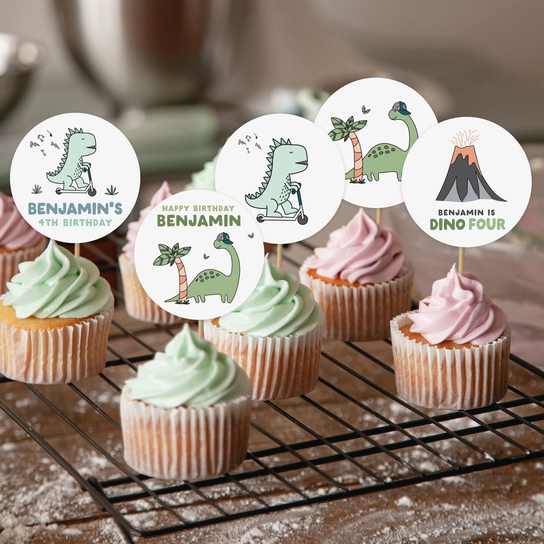 Editable Dinosaur Birthday Cupcake Toppers, Dinosaur Birthday Stickers ...