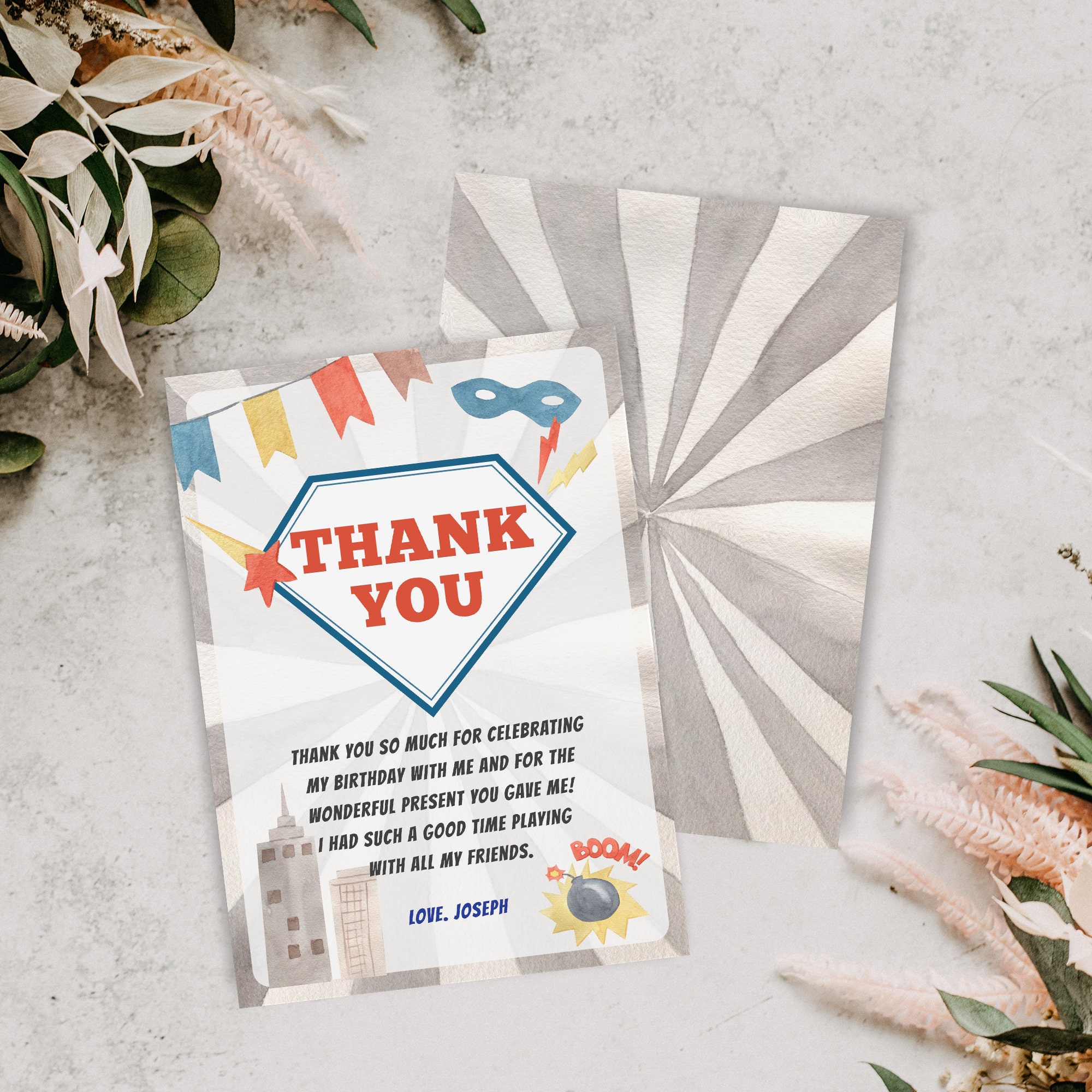 Editable Superhero Birthday Thank You Card, Superhero Party Thank You ...