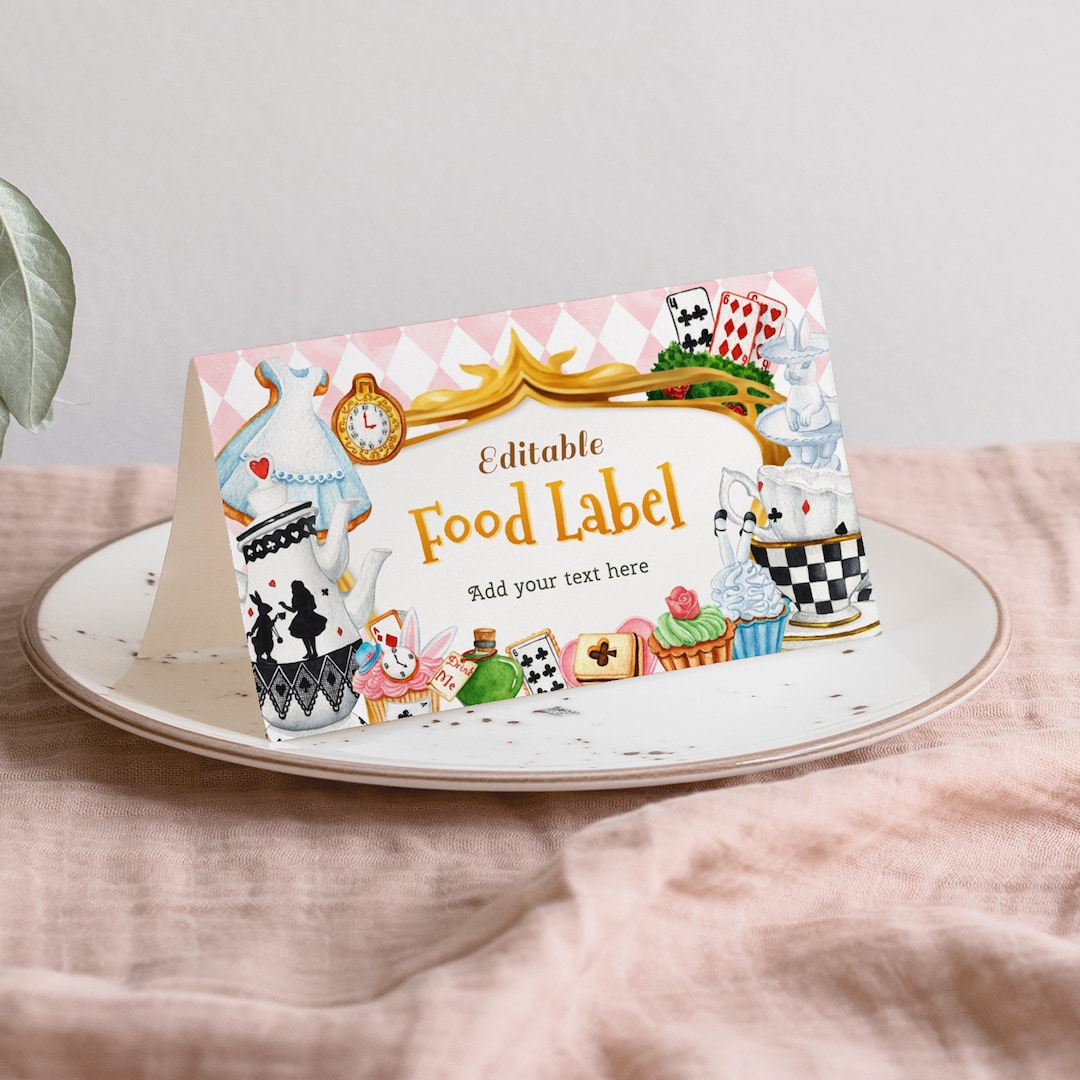 Editable Alice in Wonderland Birthday Food Label, Tea Party Folded Card ...
