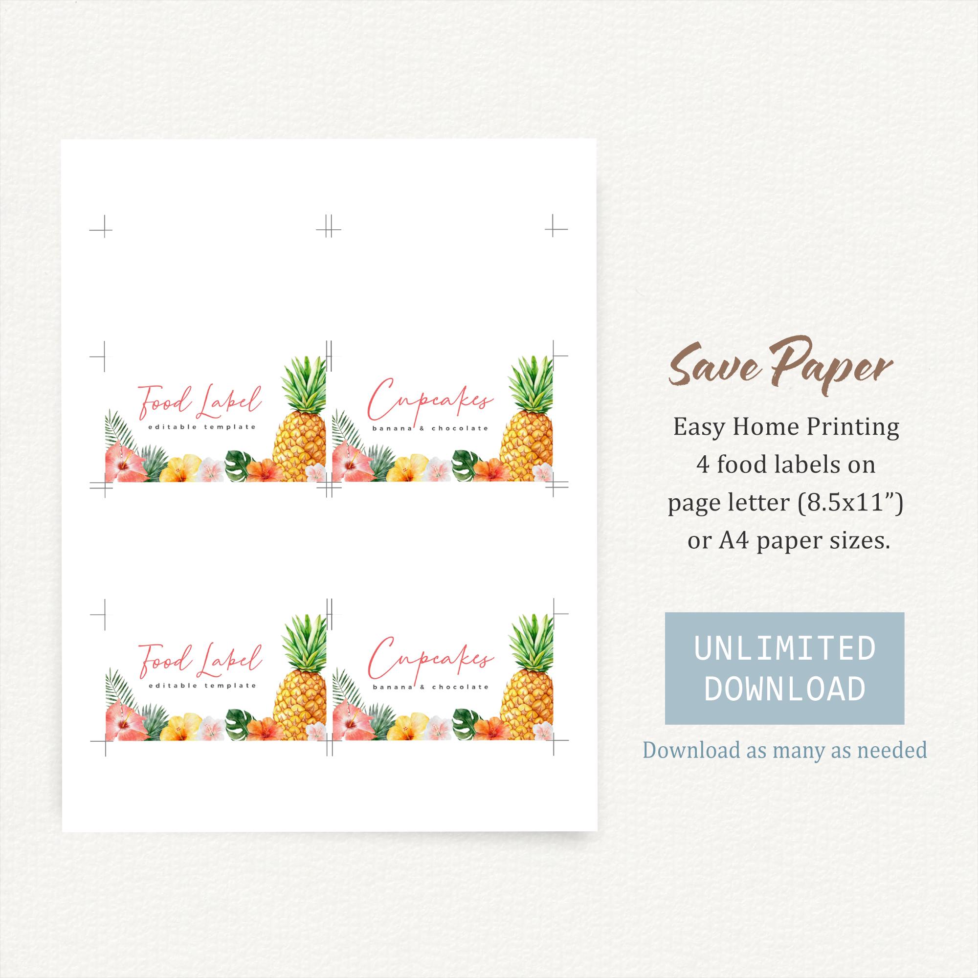 Tropical Summer Party Food Label, Hawaiian Party Folded Place Card ...