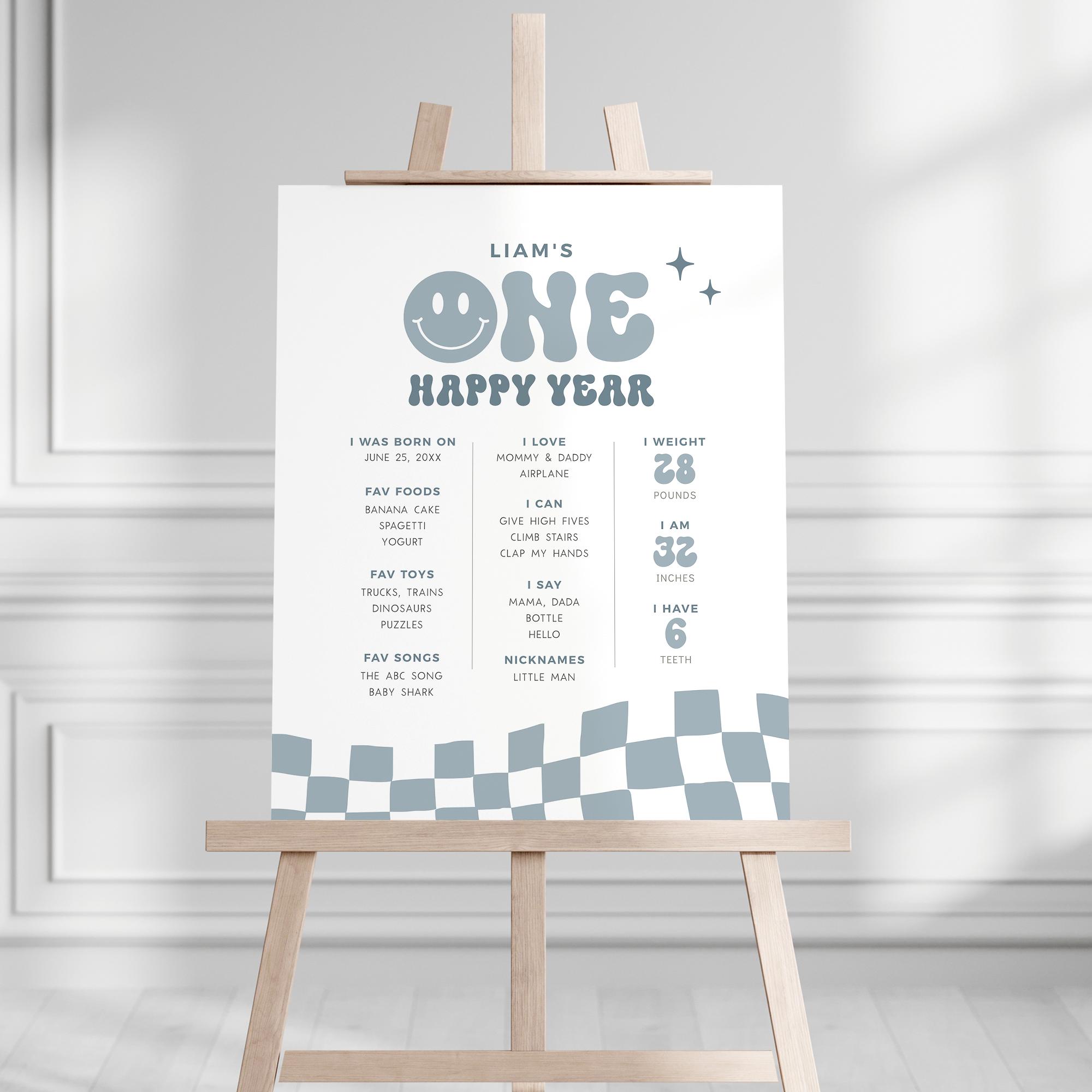 Editable One Happy Dude Milestone Sign, Retro Smile Face Milestone ...