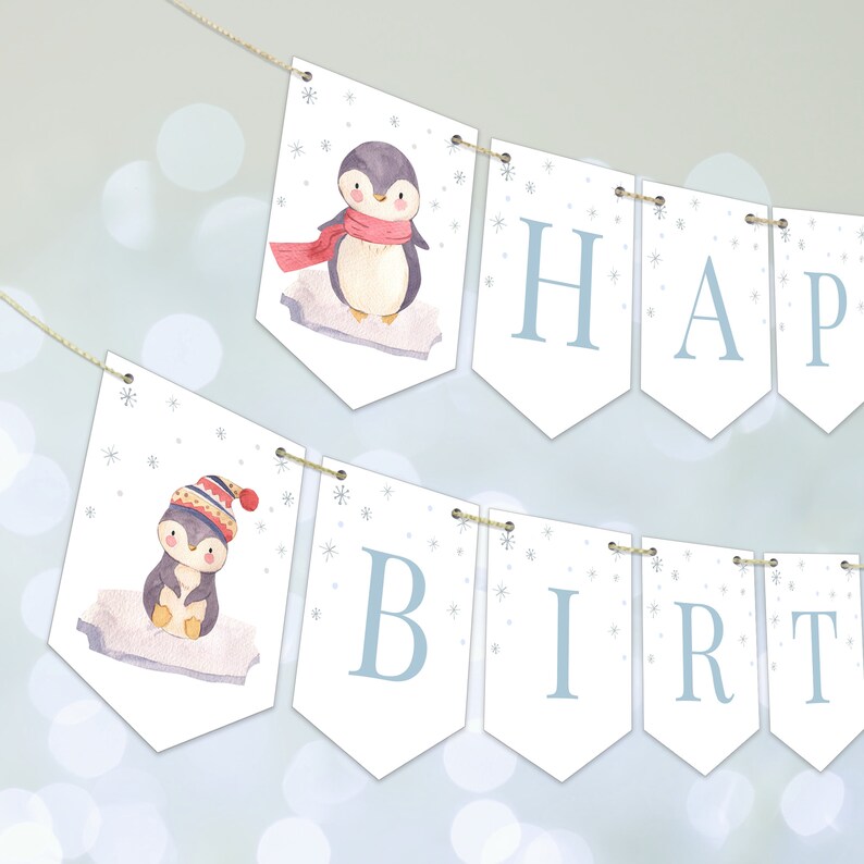 Editable Penguin Happy Birthday Banner Christmas Party - Etsy