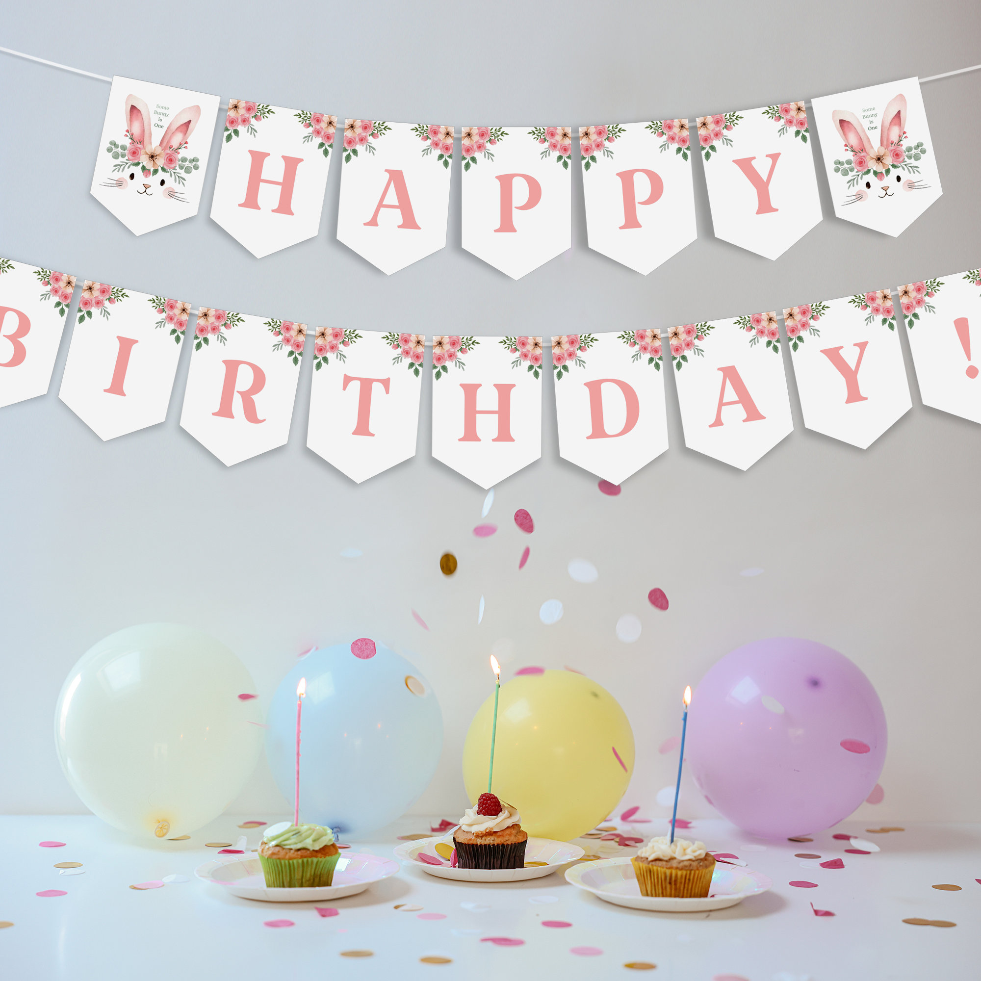 Editable Bunny Happy Birthday Banner, Pink Rabbit Bunting Banner, Girl ...
