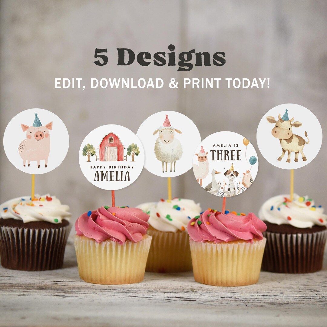 Farm Birthday Cupcake Toppers, Barnyard Party Stickers, Farm Animals ...