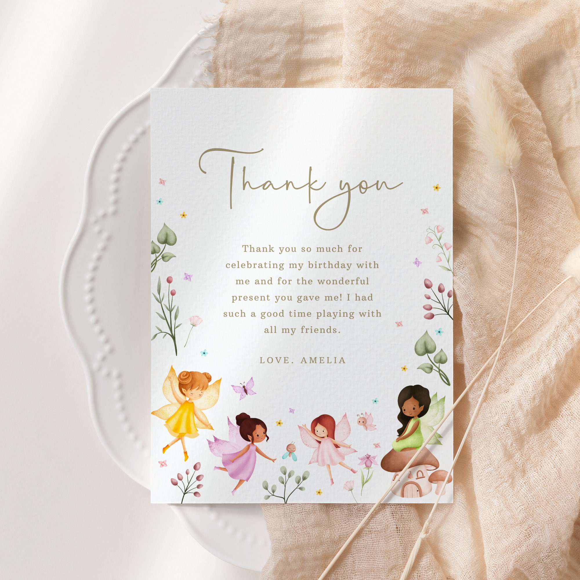 Editable Fairy Birthday Thank You Card, Floral Fairy Garden Party Thank ...