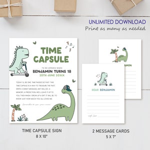 Editable Dinosaur Time Capsule Sign, Dinosaur Message Cards, Dinosaur ...