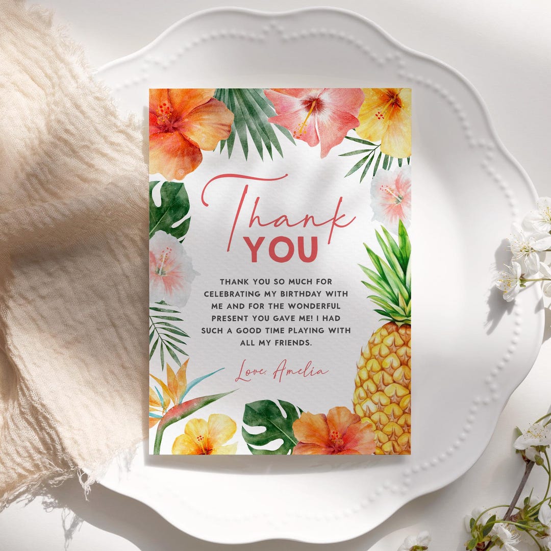 Tropical Summer Birthday Thank You Card, Girl Luau Birthday Thank You ...