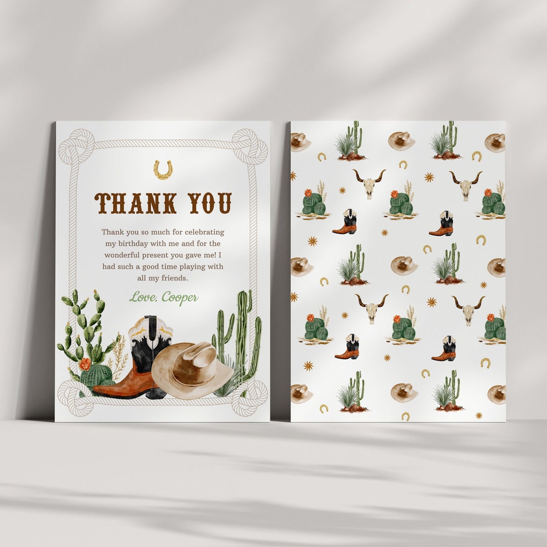 Editable Cowboy Birthday Thank You Card, Wild West Party Thank You Note ...