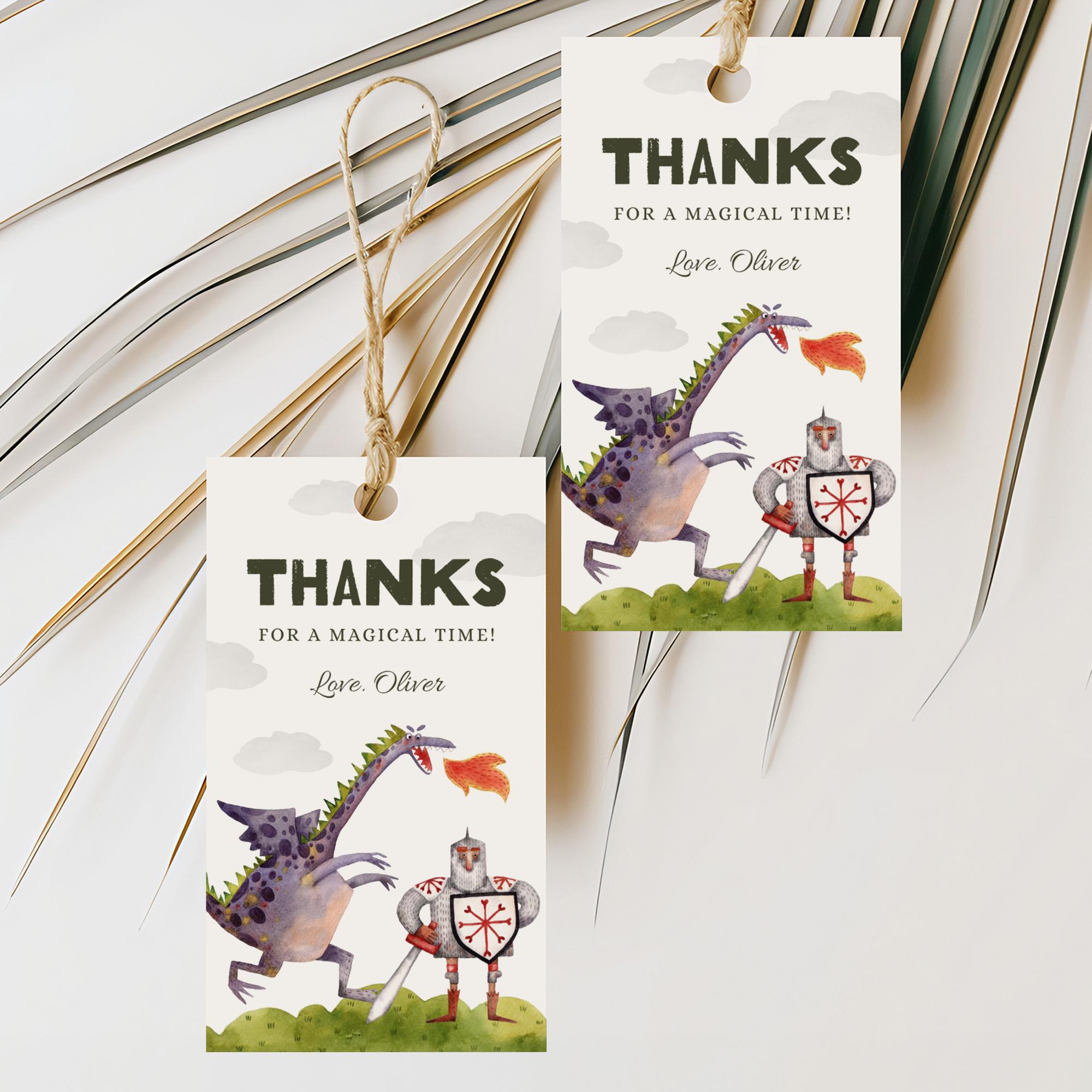Dragon Birthday Favor Tags, Dragon and Knight Birthday Gift Tags, Boy ...