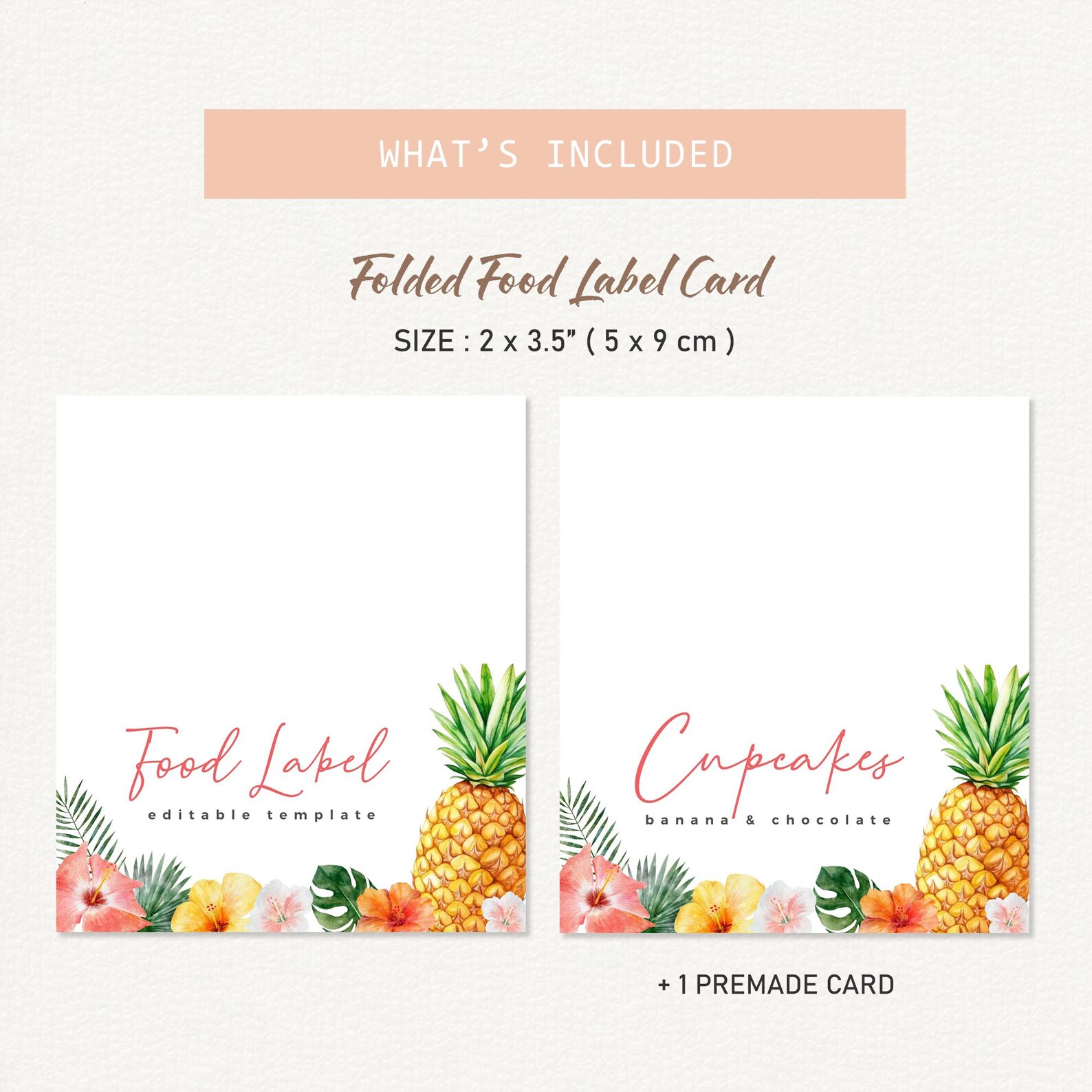 Tropical Summer Party Food Label, Hawaiian Party Folded Place Card ...