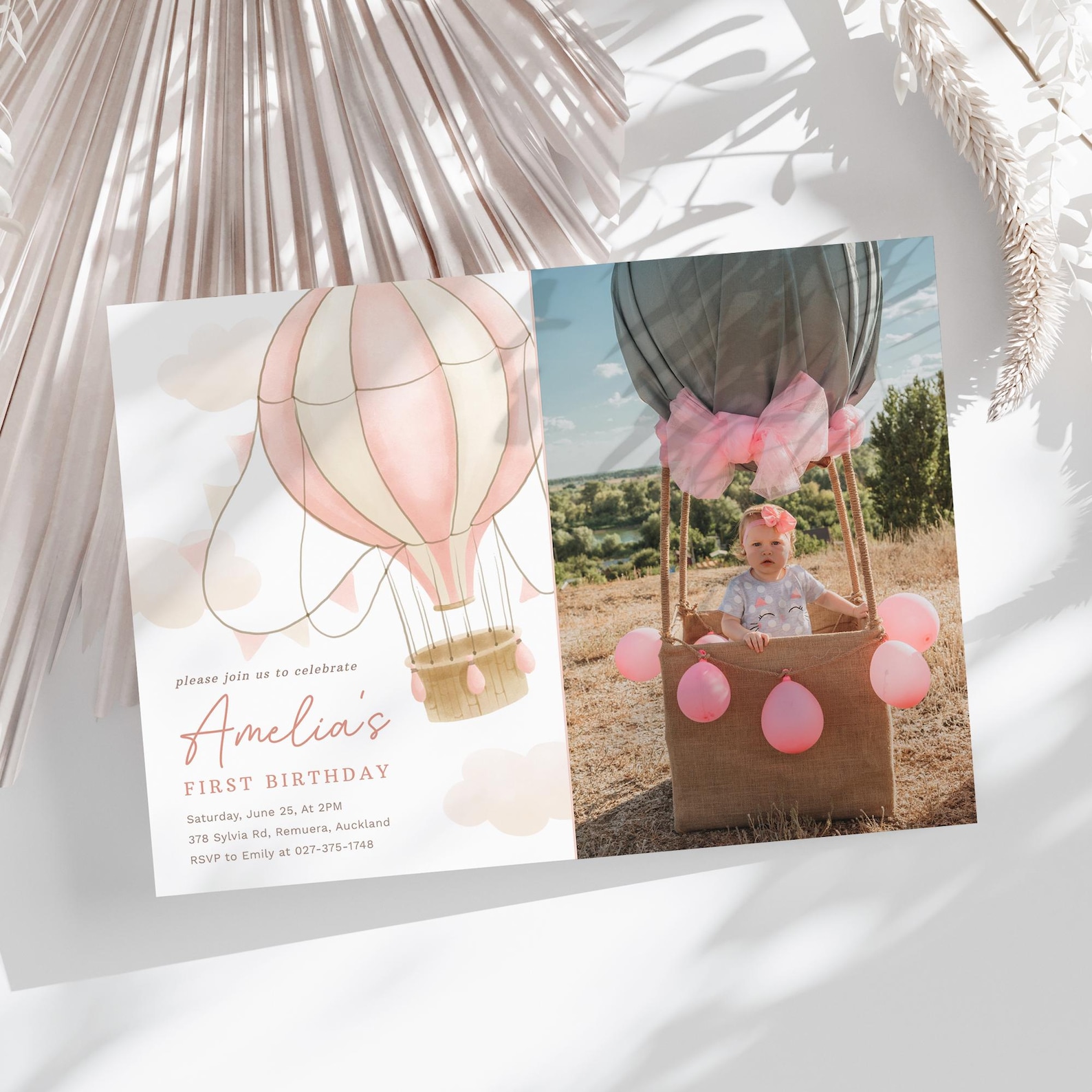 Pink Hot Air Balloon Birthday Photo Invitation, Hot Air Balloon Invite ...