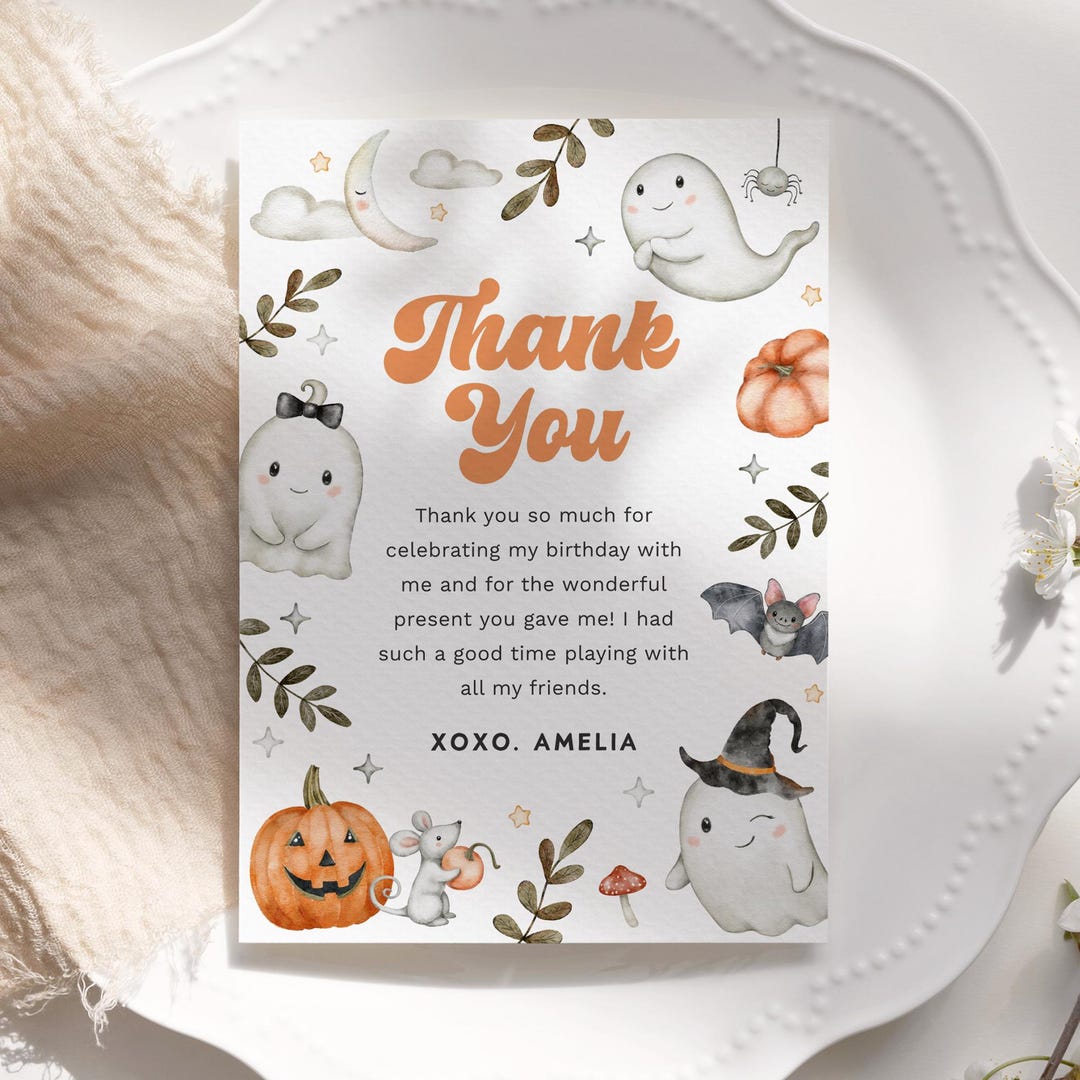 Cute Halloween Birthday Thank You Card, Spooky Party Thank You Note ...