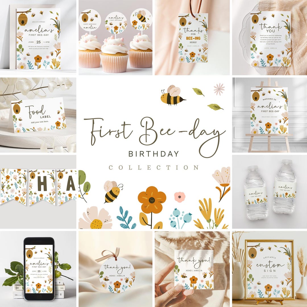 First Bee Day Birthday Bundle, Boho Bumble Bee Party Collection, Girl ...