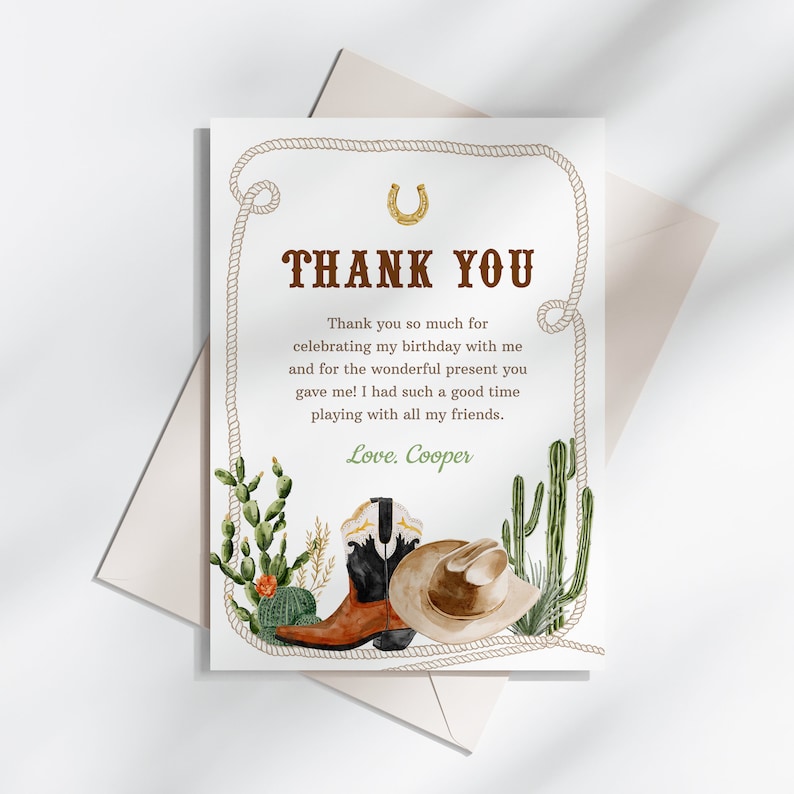 Editable Cowboy Birthday Thank You Card, Wild West Party Thank You Note ...