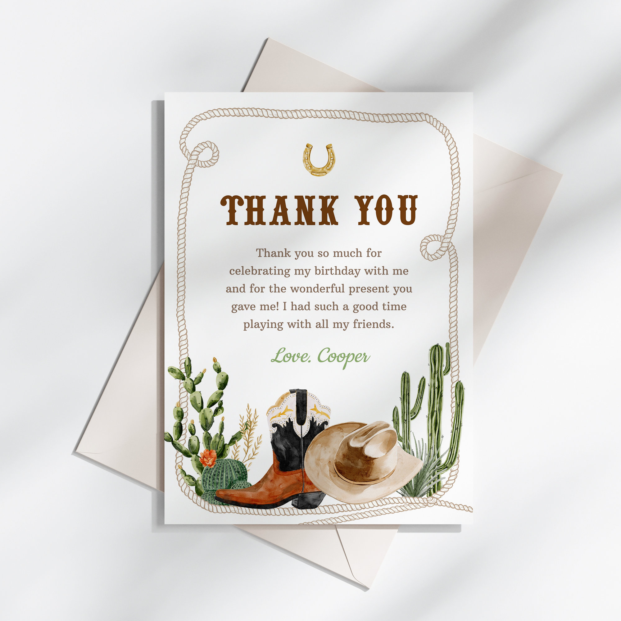 Editable Cowboy Birthday Thank You Card, Wild West Party Thank You Note ...