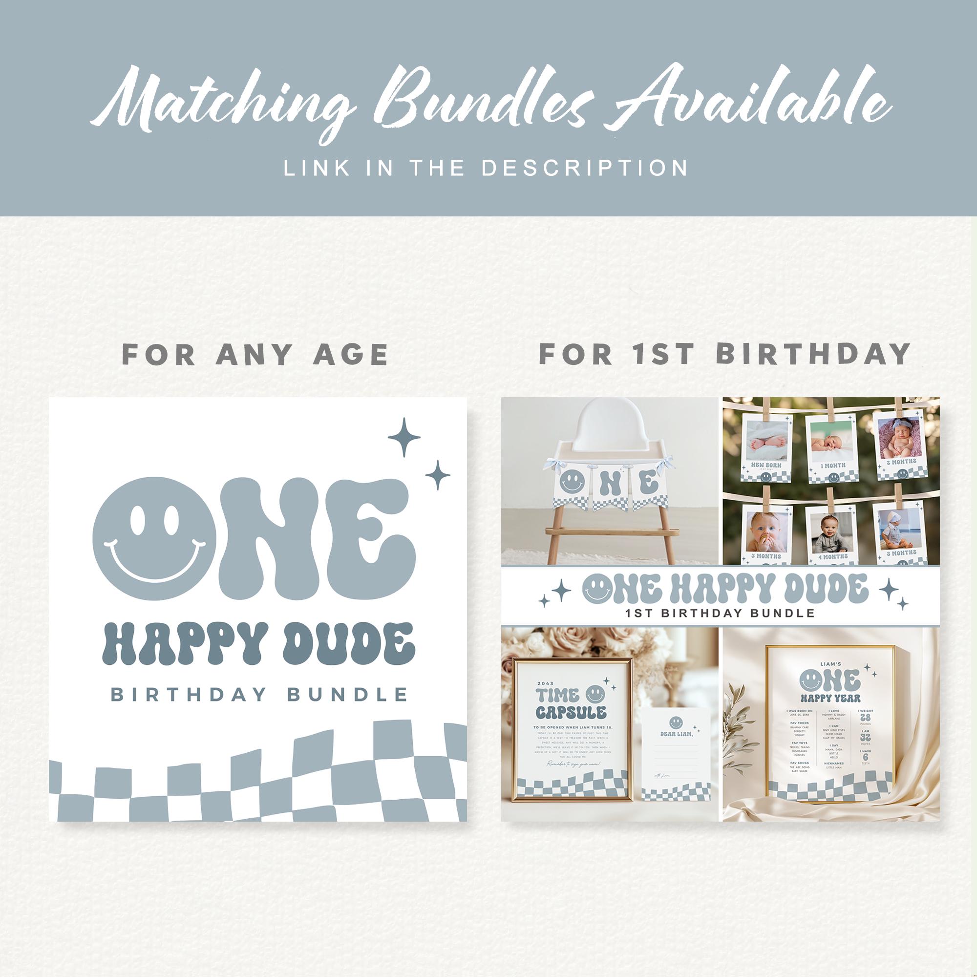Editable One Happy Dude Milestone Sign, Retro Smile Face Milestone ...