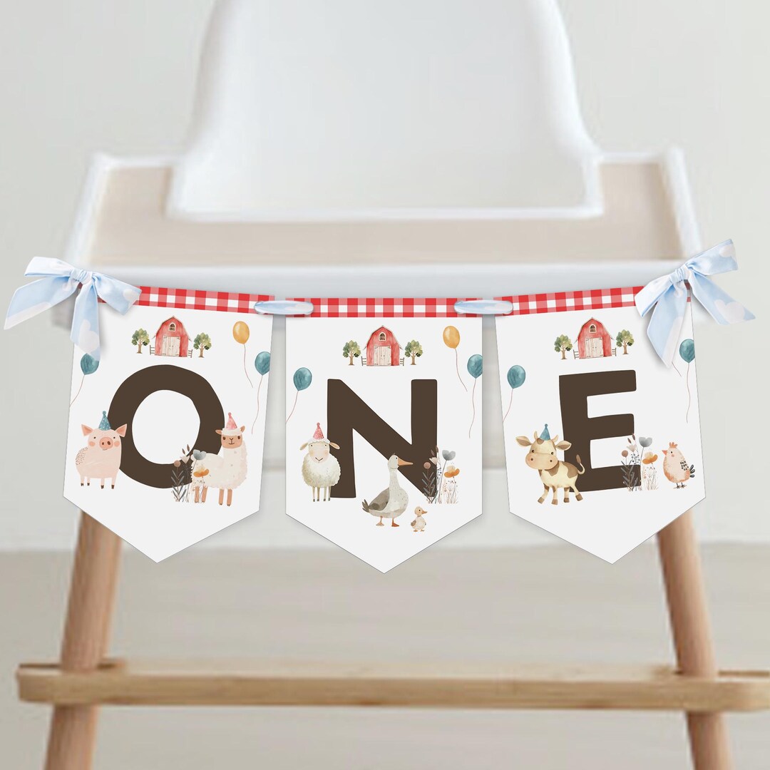 Farm 1st Birthday ONE High Chair Banner, Barnyard Party Decor, Cute ...