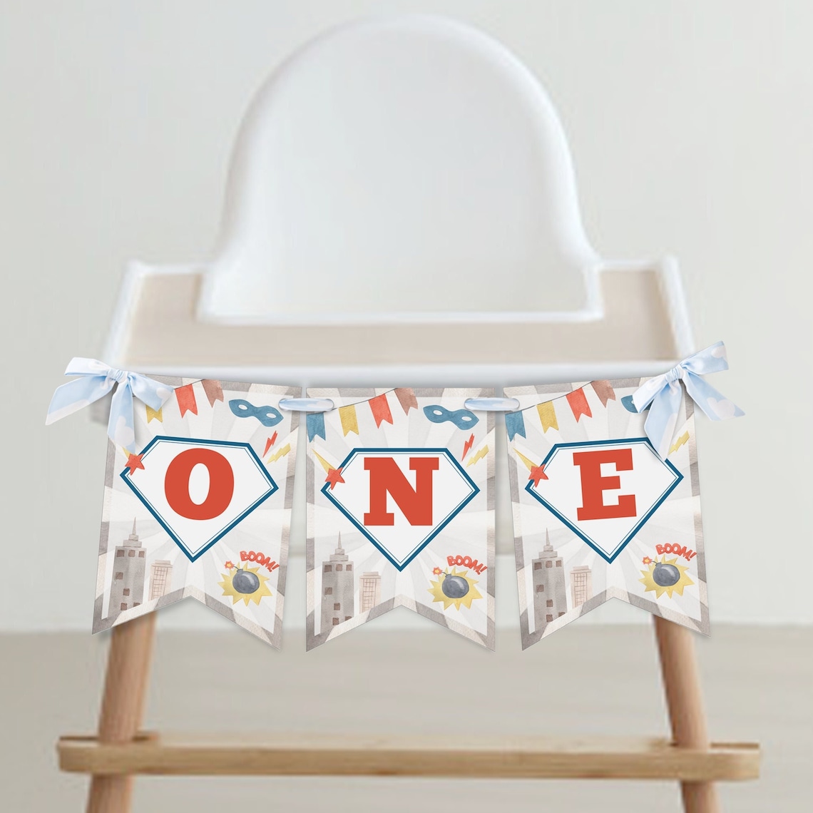 Editable Superhero ONE High Chair Banner, Superhero Birthday Bunting ...