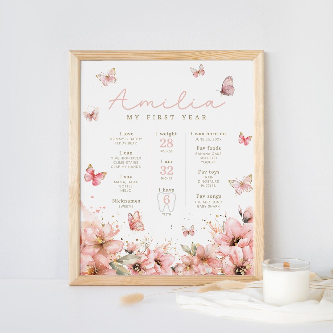 Butterfly Milestone Sign, Modern Pink Floral Milestone Poster, Girl 1st ...