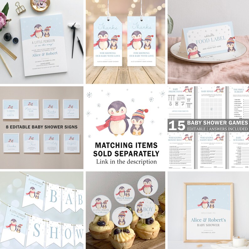 Editable Penguin Baby Shower Bundle Winter Party Collection - Etsy