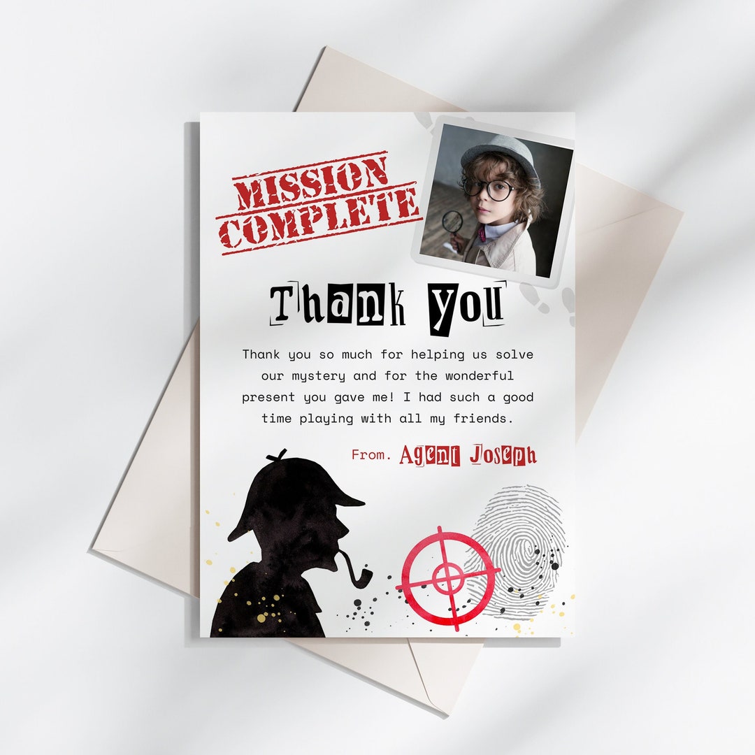 Editable Spy Birthday Photo Thank You Card, Secret Agent Party Thank ...