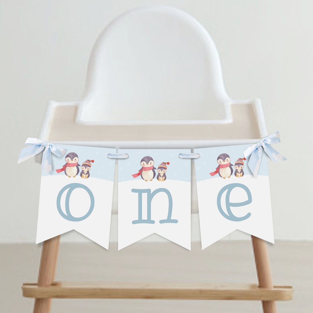 Editable Penguin ONE High Chair Banner, Christmas Birthday Bunting ...