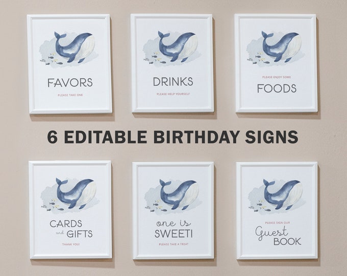 6 Editable Signs Whale Birthday Custom Signs Ocean Table - Etsy