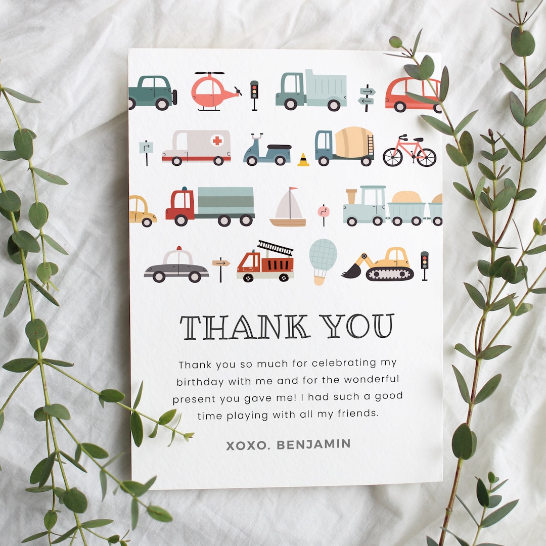 Editable Transportation Birthday Thank You Card - Etsy