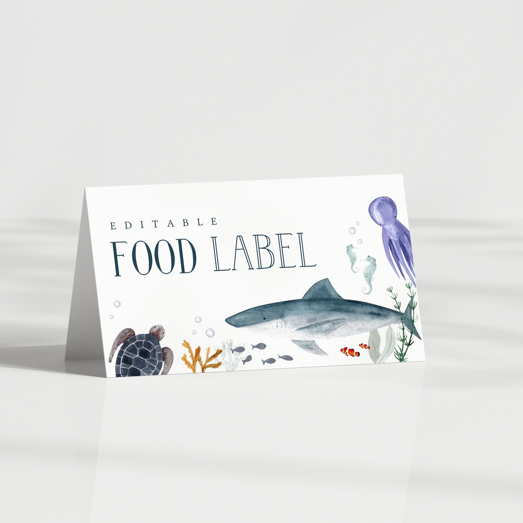 Editable Under the Sea Birthday Food Label, Sea Animals Folded Table ...