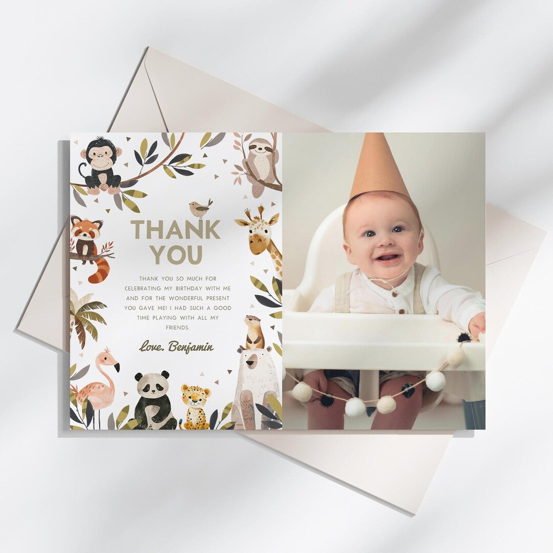 Safari Animals Thank You Card, Jungle Animals Photo Thank You Note, Boy ...