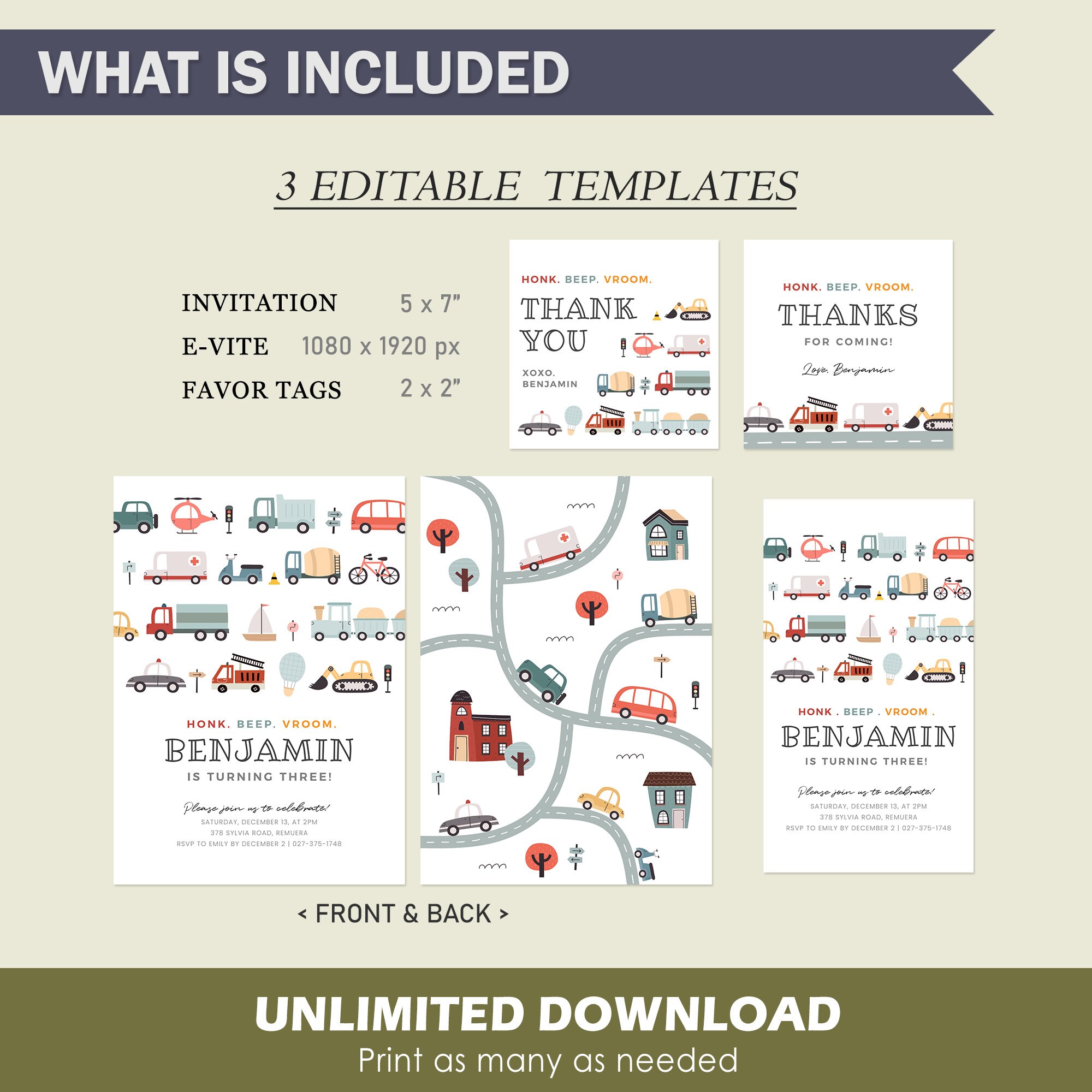 Editable Transportation Birthday Invitation Set, Transportation Phone ...