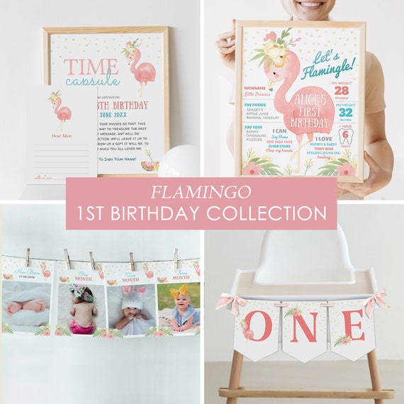 EDITABLE Flamingo 1st Birthday Bundle Printable Party | Etsy