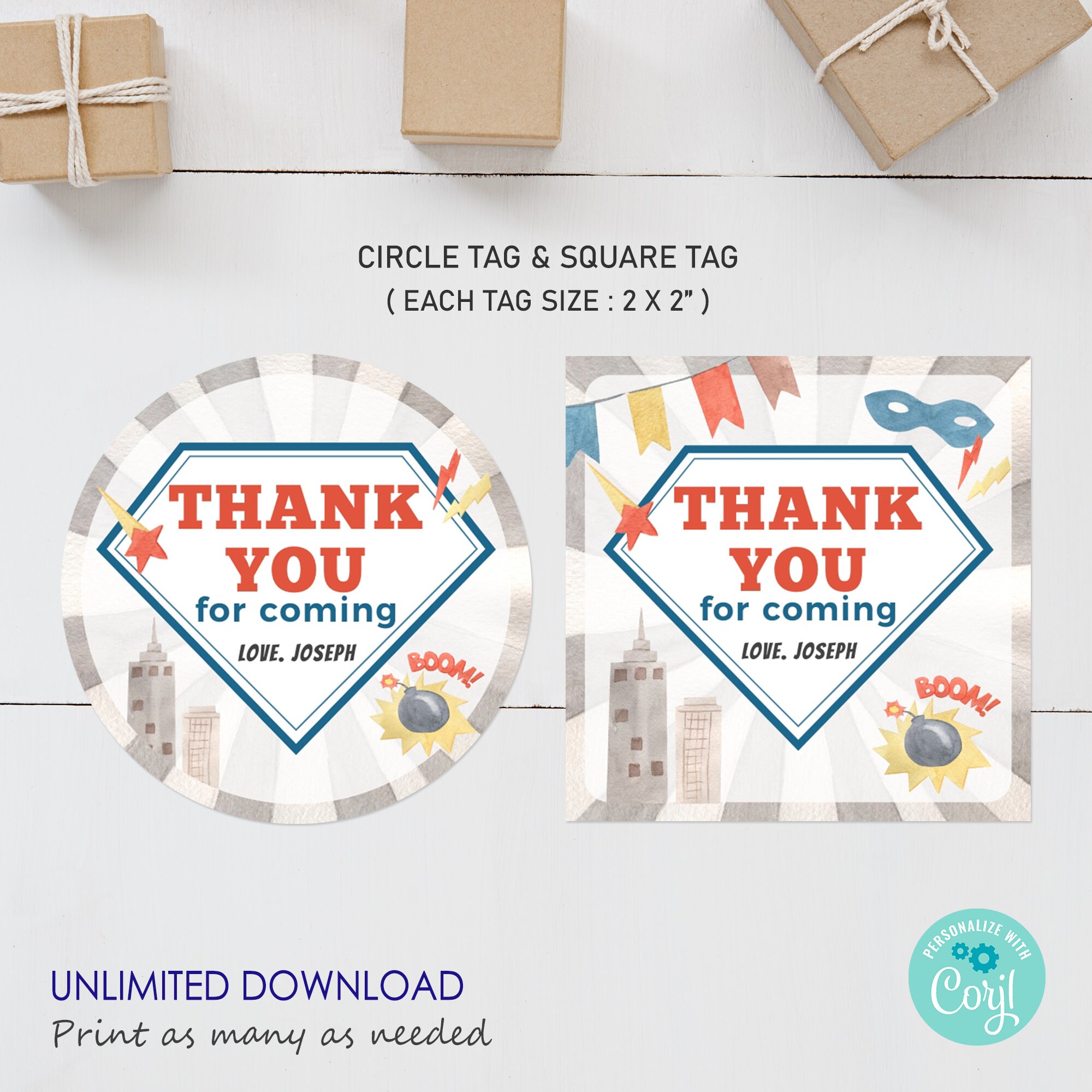 Editable Superhero Birthday Favor Tags Superhero Party Thank - Etsy