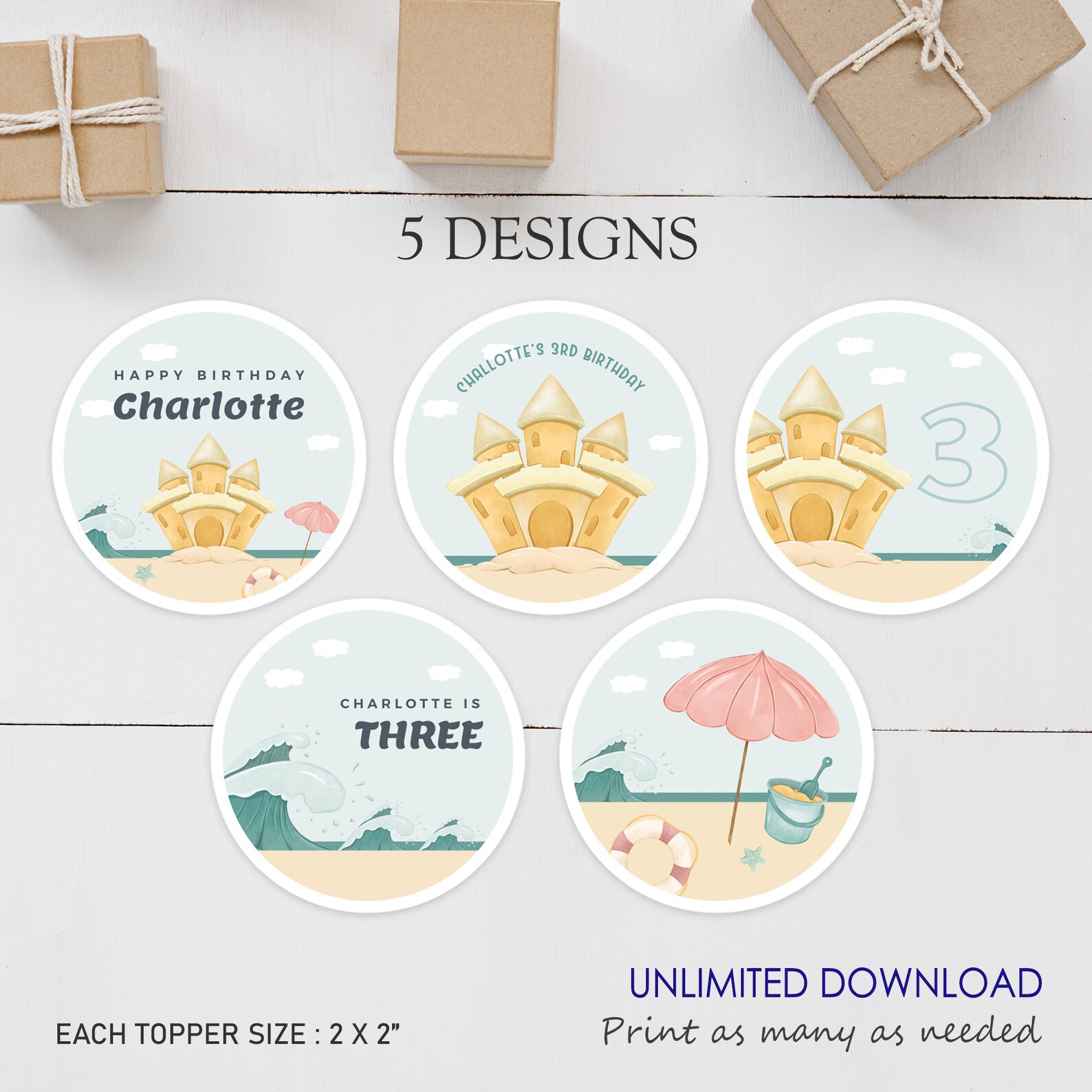 Editable Beach Birthday Cupcake Toppers Summer Birthday - Etsy
