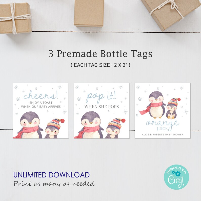Editable Penguin Baby Shower Bottle Tags Champagne Wine Juice - Etsy