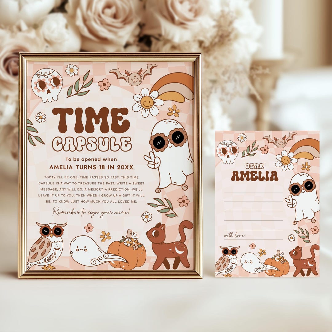 Retro Halloween Birthday Time Capsule Sign, Matching Message Card ...
