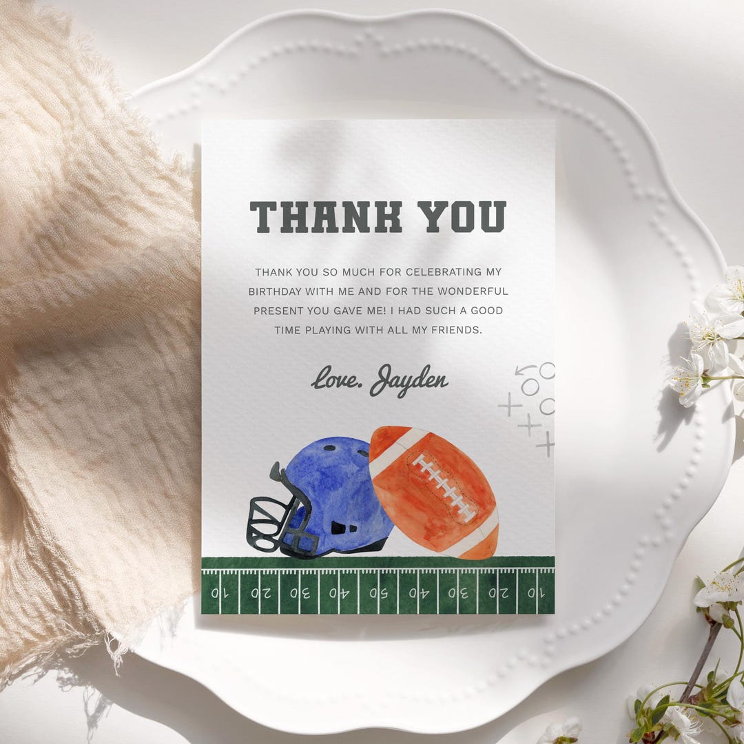 Football Birthday Thank You Card, Modern Football Party Thank You Note ...