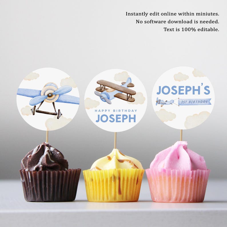 Airplane Birthday Cupcake Toppers, Pilot Party Stickers, Airplane ...