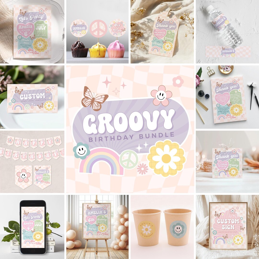 Groovy Girl Birthday Bundle, Pastel Retro Theme Party Collection, Boho ...