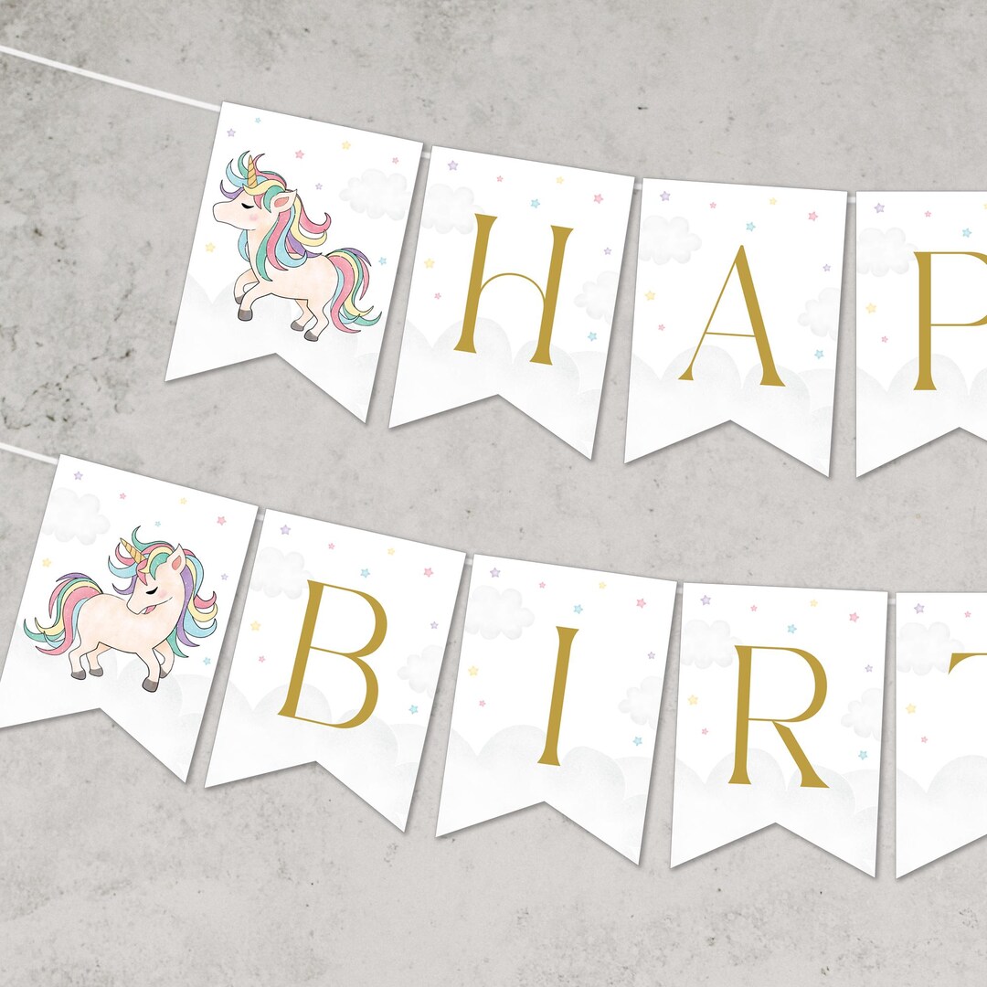 Unicorn Happy Birthday Banner, Unicorn and Rainbow Bunting Banner, Girl ...