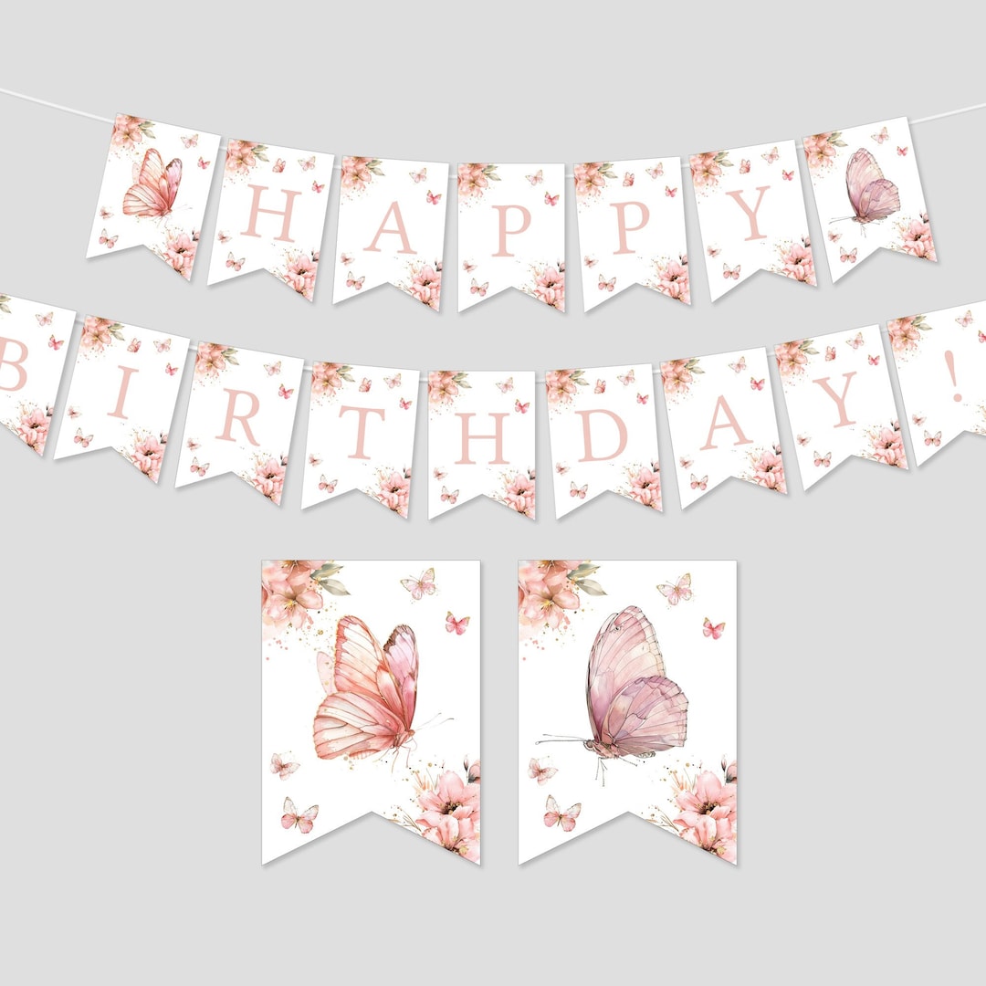 Butterfly Happy Birthday Banner, Pink Floral Bunting Banner, Girl ...