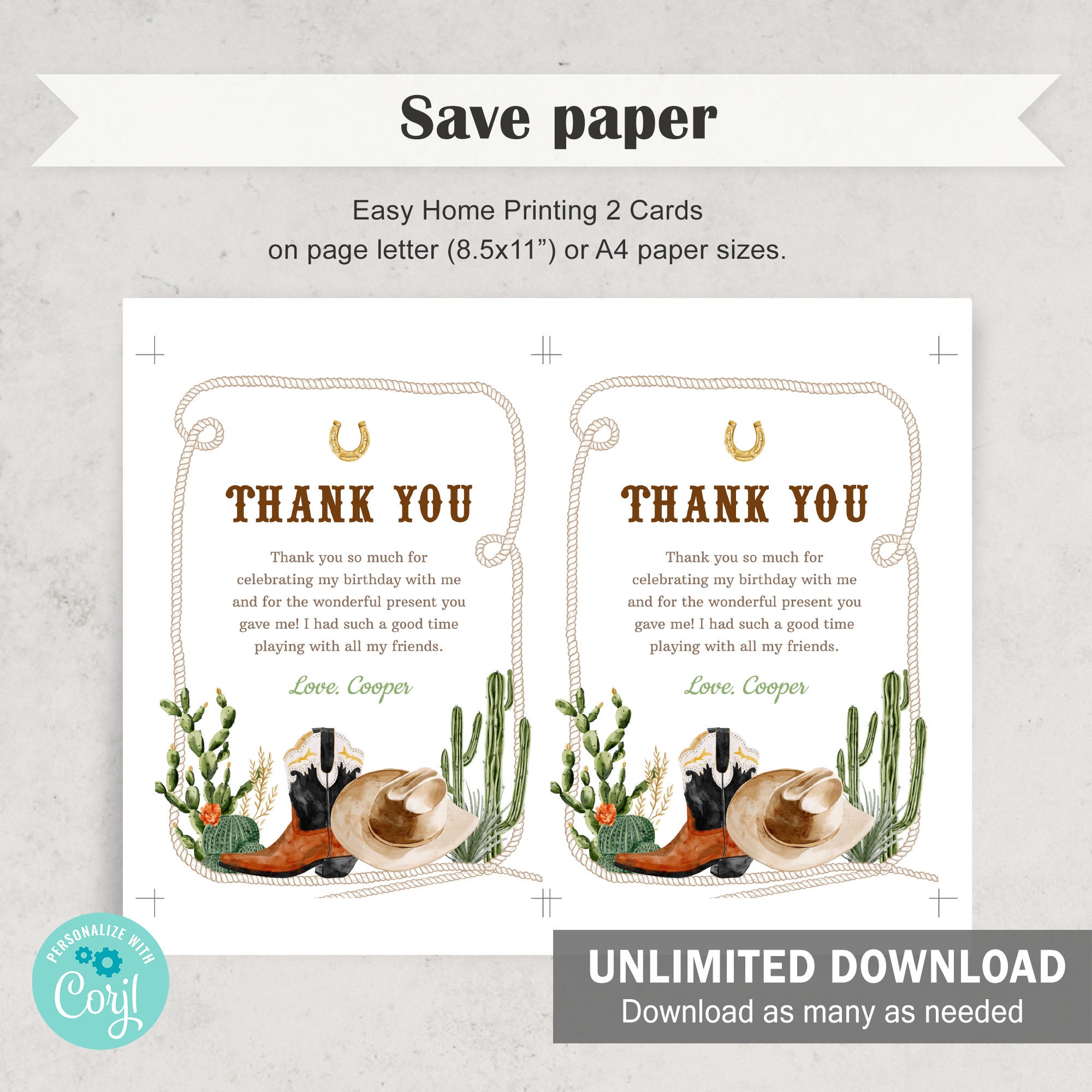 Editable Cowboy Birthday Thank You Card, Wild West Party Thank You Note ...
