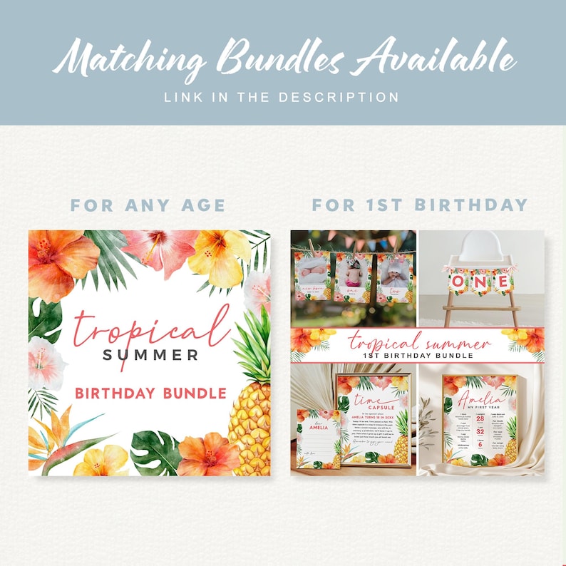 Tropical Summer Birthday Party Time Capsule Sign, Matching Message Card ...