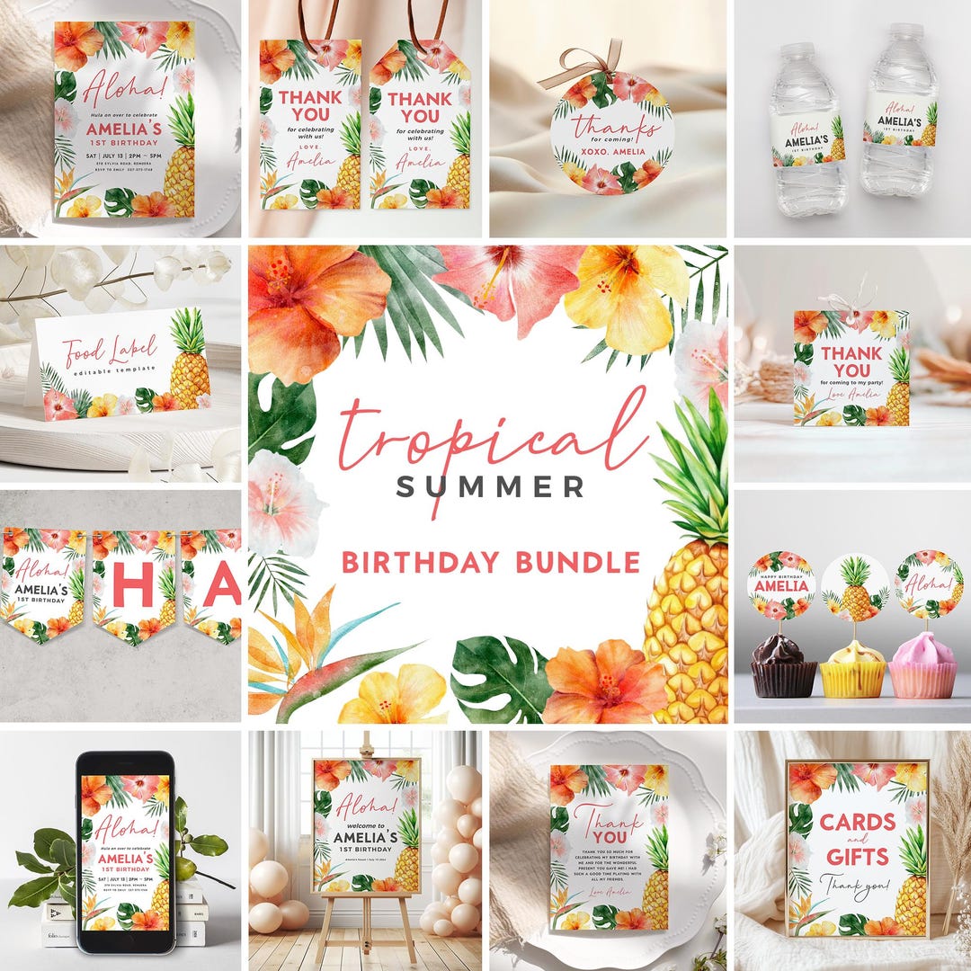 Tropical Summer Birthday Bundle, Luau Birthday Collection, Hawaiian ...