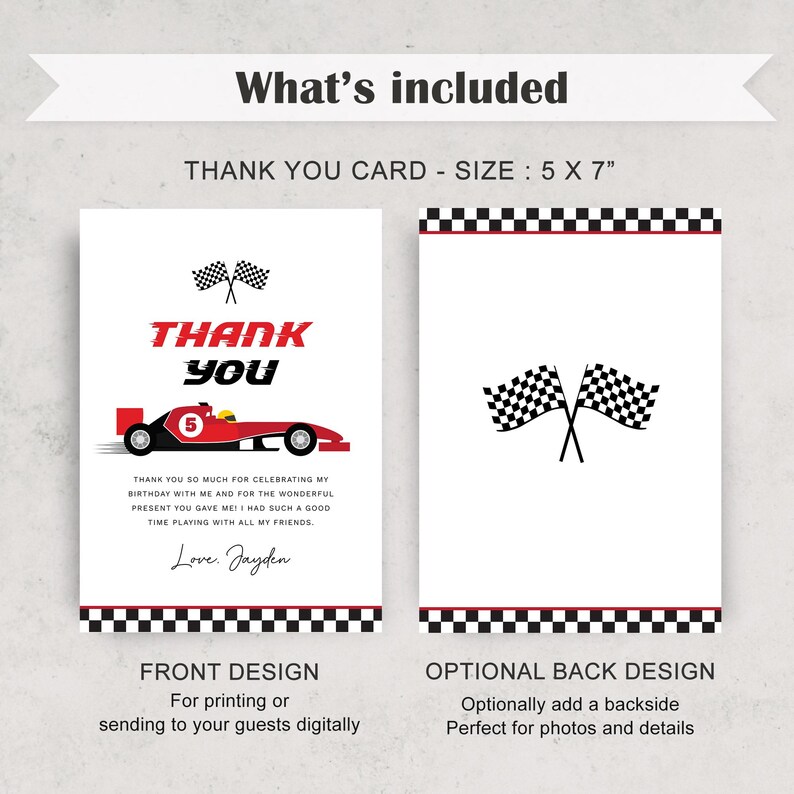Race Car Birthday Thank You Card, Racing Car Party Thank You Note, Boy ...