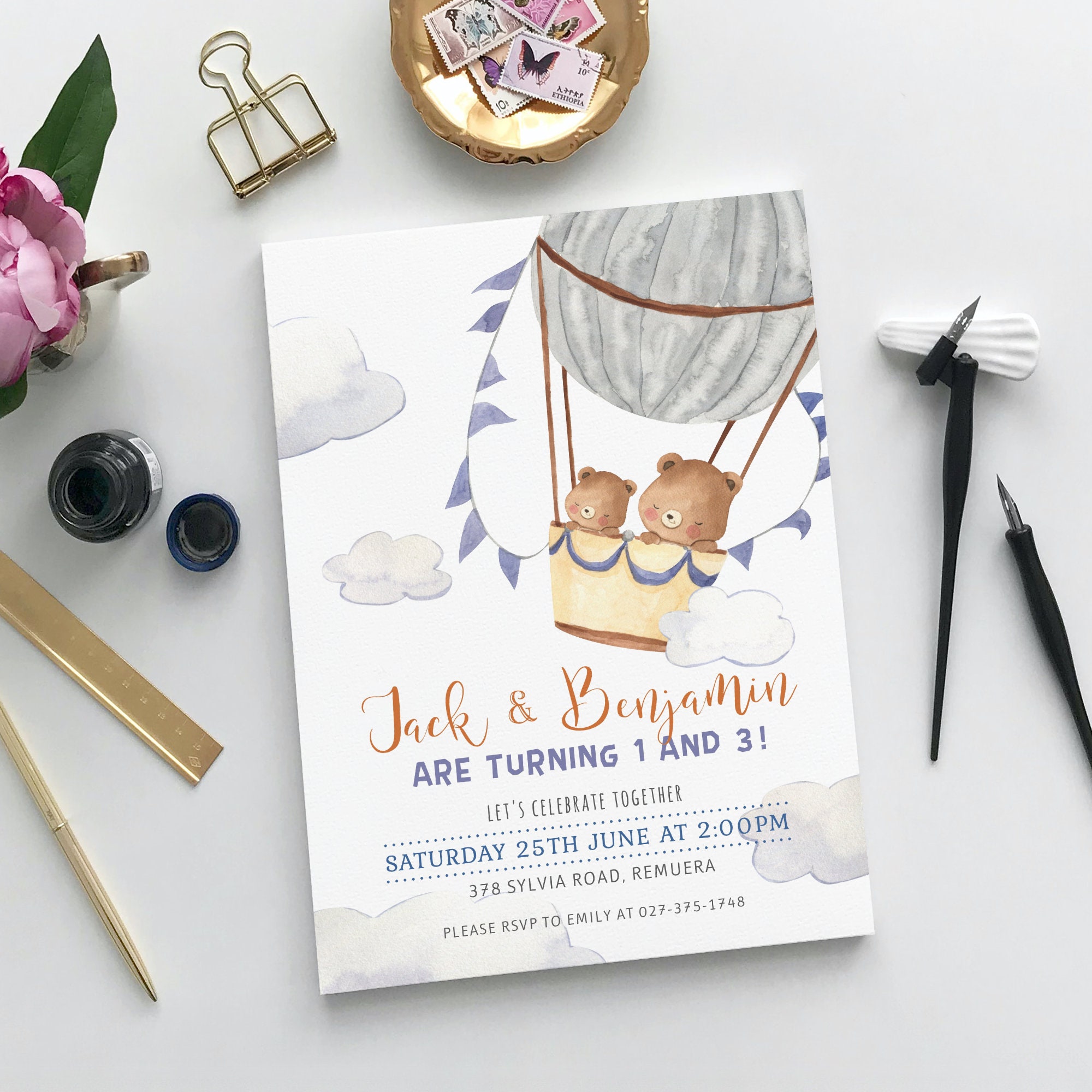 Editable Hot Air Balloon Birthday Invitation Teddy Bear - Etsy