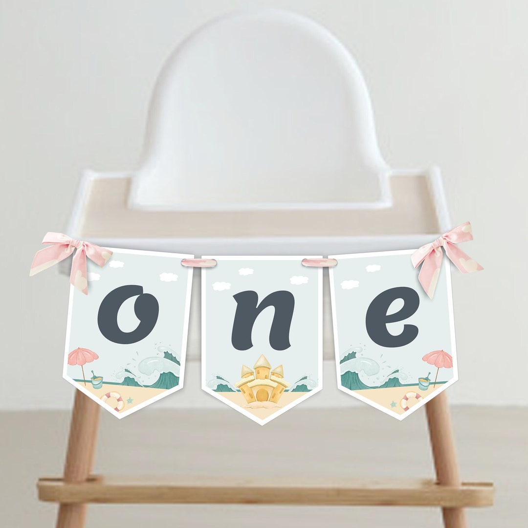 Editable Beach ONE High Chair Banner, Summer Birthday Bunting Banner ...