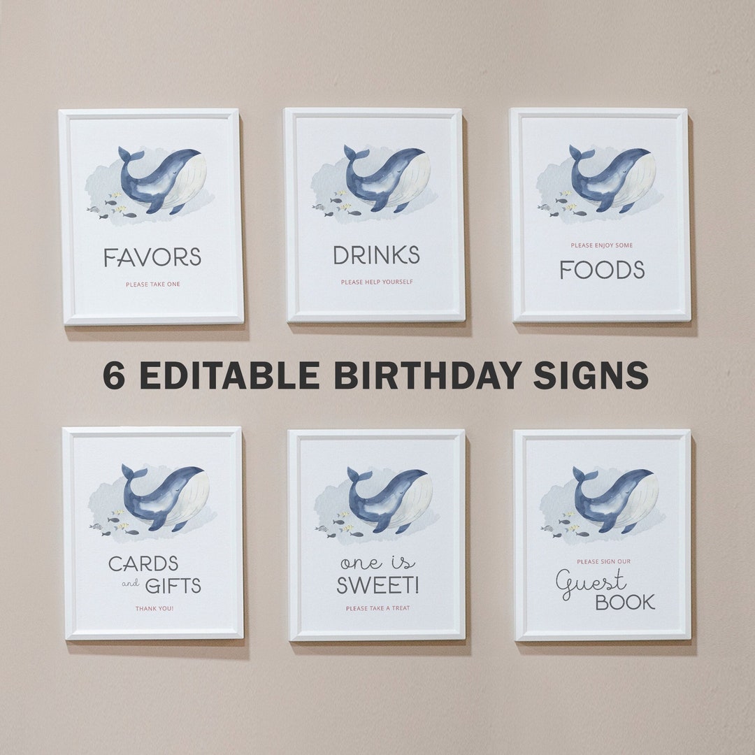 6 Editable Signs, Whale Birthday Custom Signs, Ocean Table Signs, Under ...