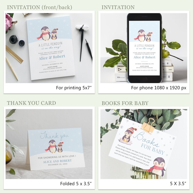 Editable Penguin Baby Shower Bundle, Winter Party Collection, Modern ...