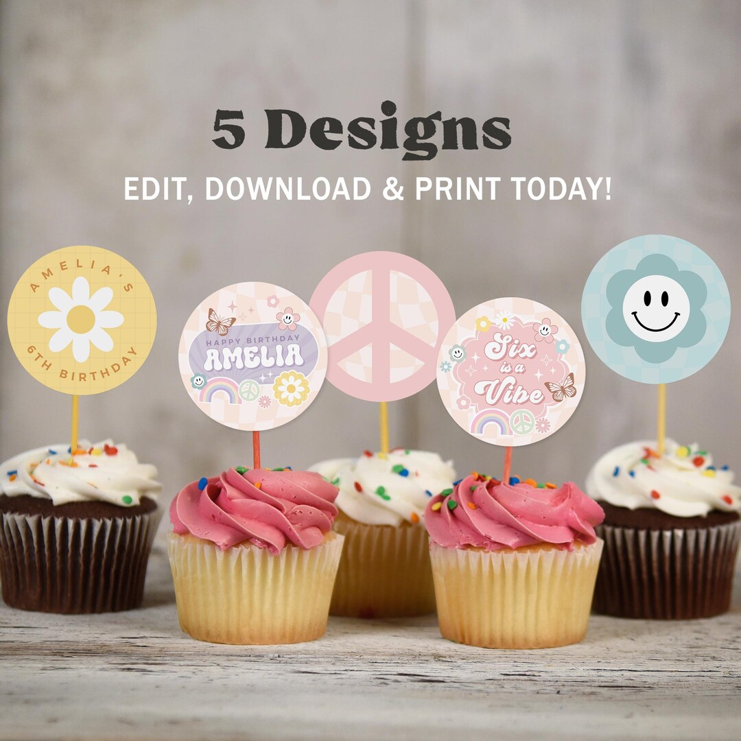 Groovy Gril Birthday Cupcake Toppers, Retro Flower Party Stickers, Girl ...